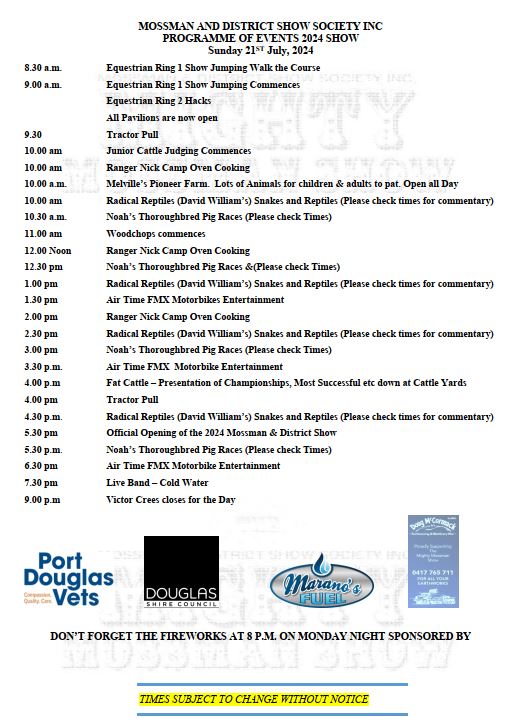 2024 Show Schedule – Mossman and District Show Society
